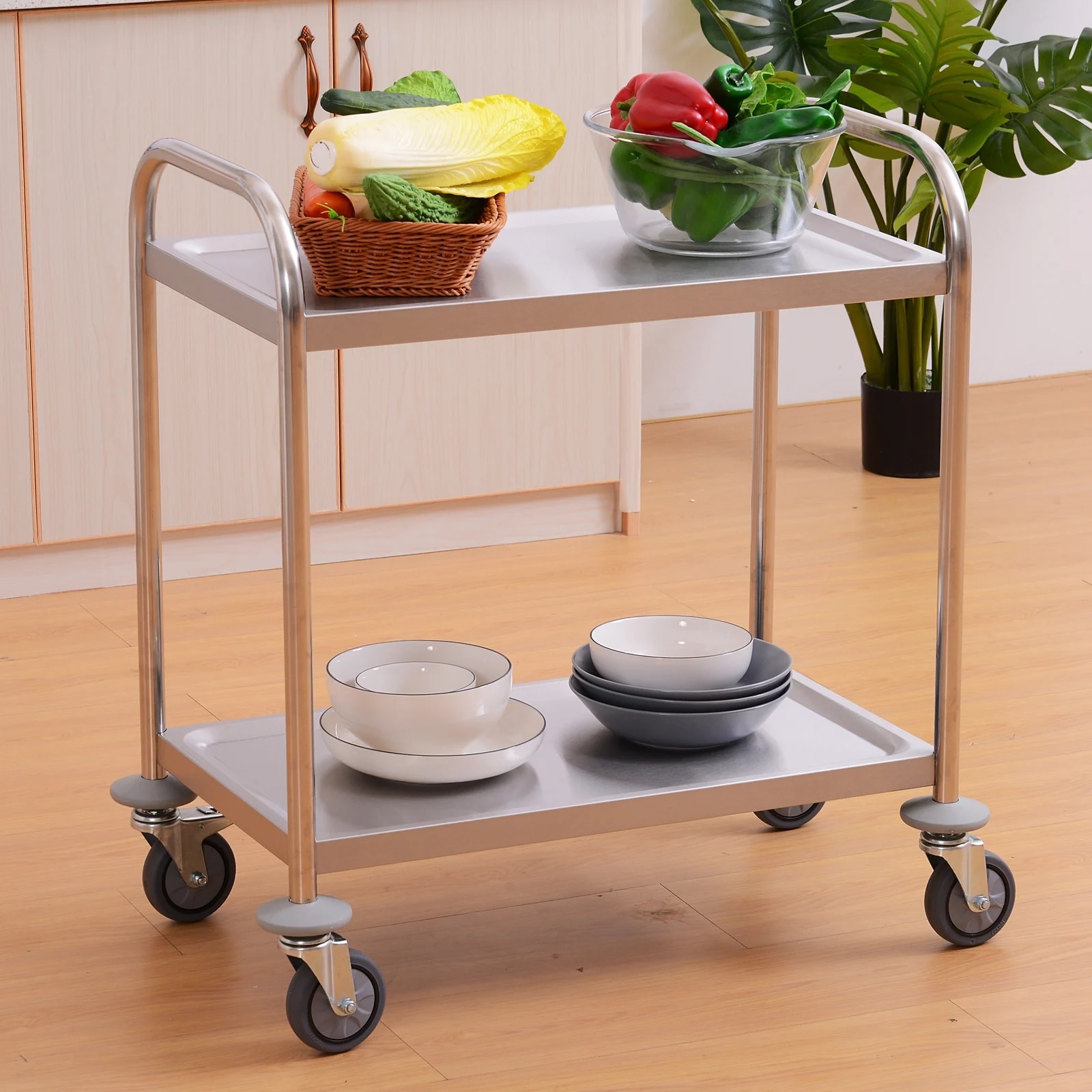 Carucior de bucatarie pe roti Homcom, Otel inoxidabil, 71x41x81cm ...