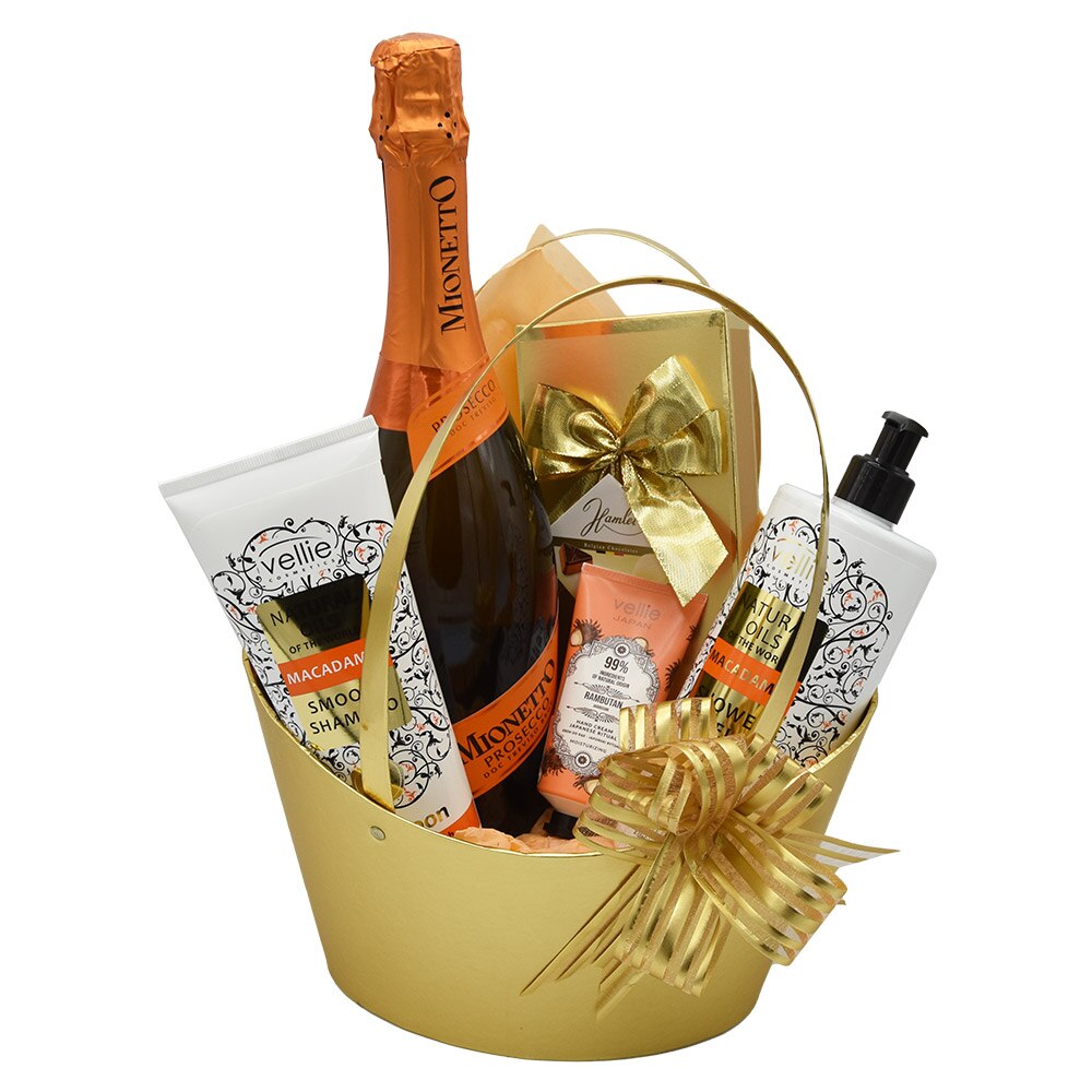 Cos cadou Golden Splendor 2 cu Prosecco Mionetto Treviso brut, bomboane ...
