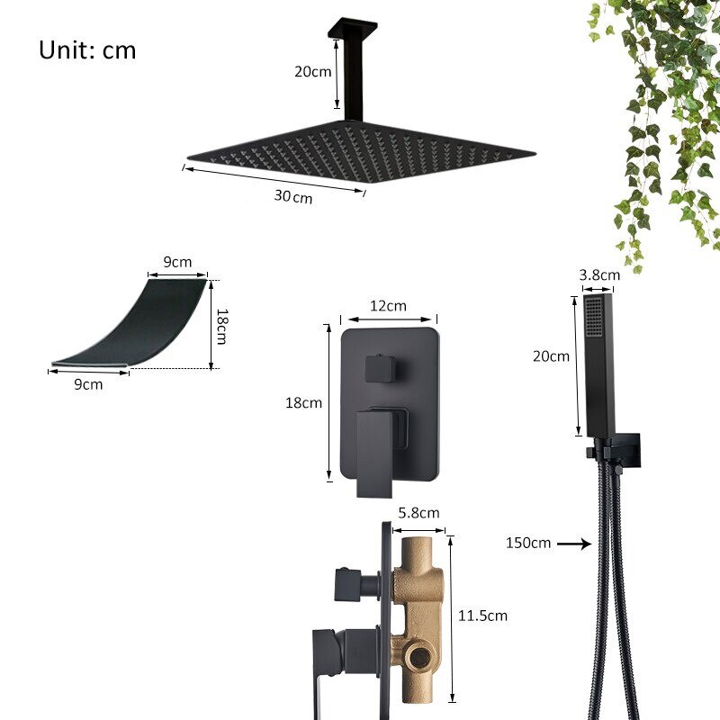 Set de dus negru incastrabil in tavan, cu para patrata 30 cm, 3 functii ...