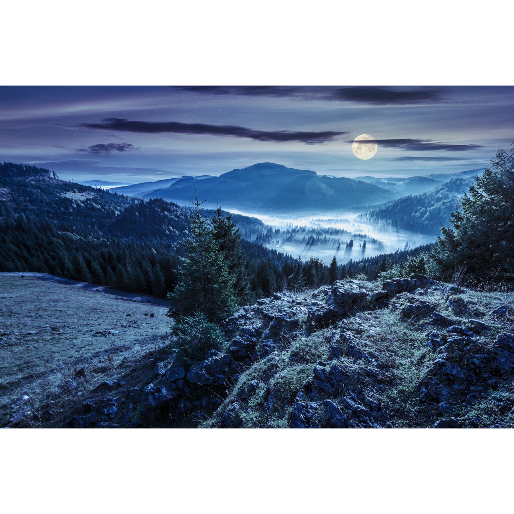 Fototapet padure in ceata MUNTI copaci roci 400cm x 280cm Luna, Cer ...