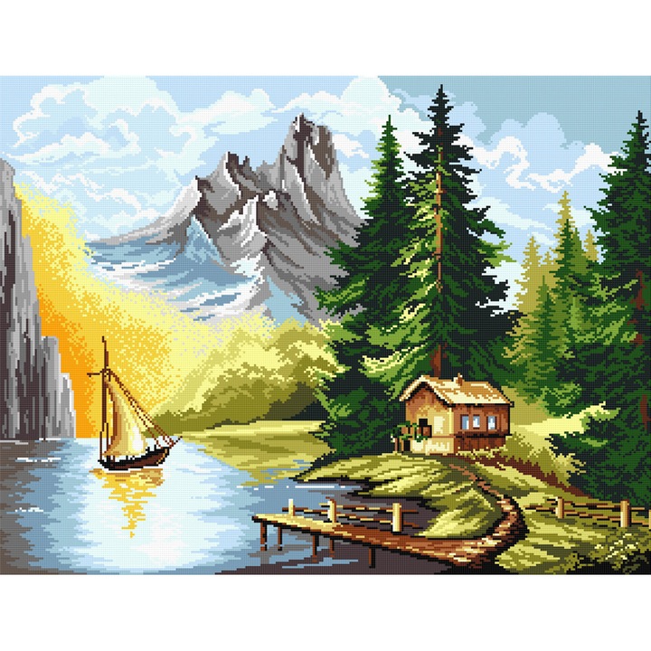 Goblen Rasarit, Hudemas, kit imprimat pe panza, cu fire mouline 23x30cm ...