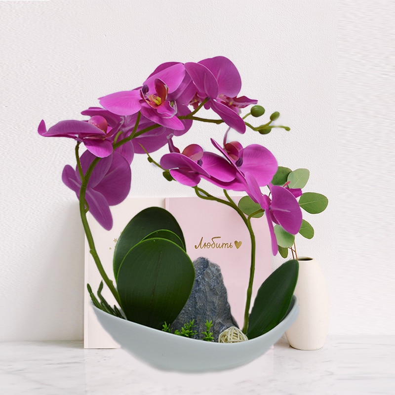 Orhidee artificiala cu aspect natural in ghiveci ceramic tip barcuta ...