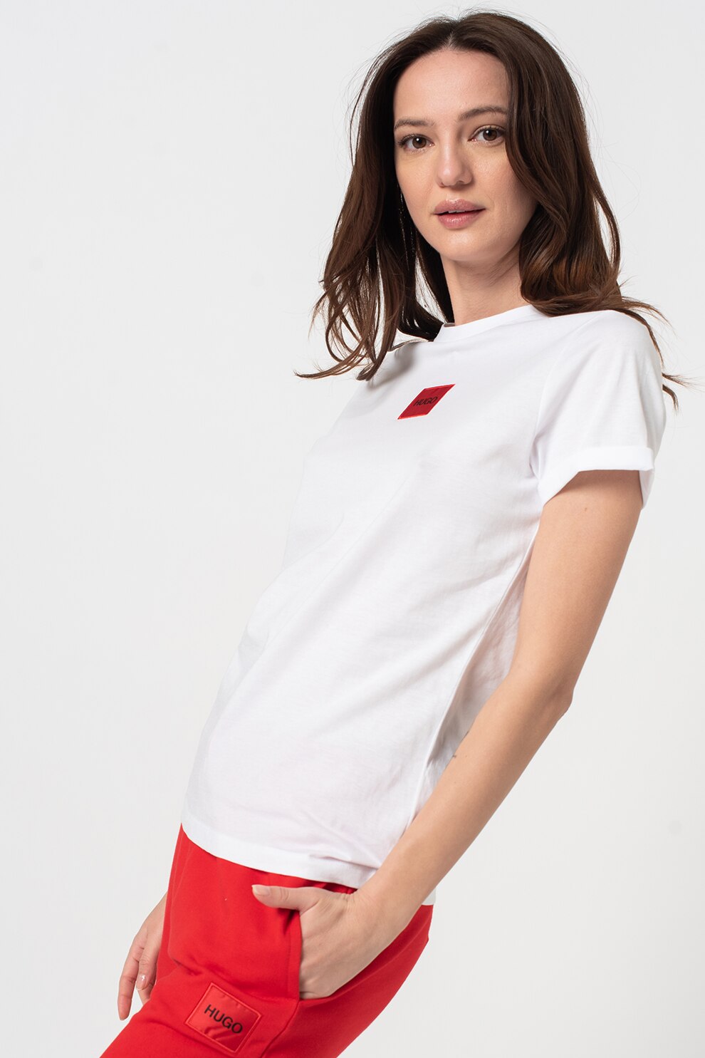 HUGO, Tricou slim fit cu aplicatie logo contrastanta, Alb, XL - eMAG.ro