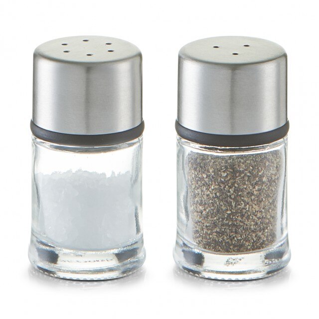 Set solnita si pipernita,transparente/argintii,din inox si sticla ...