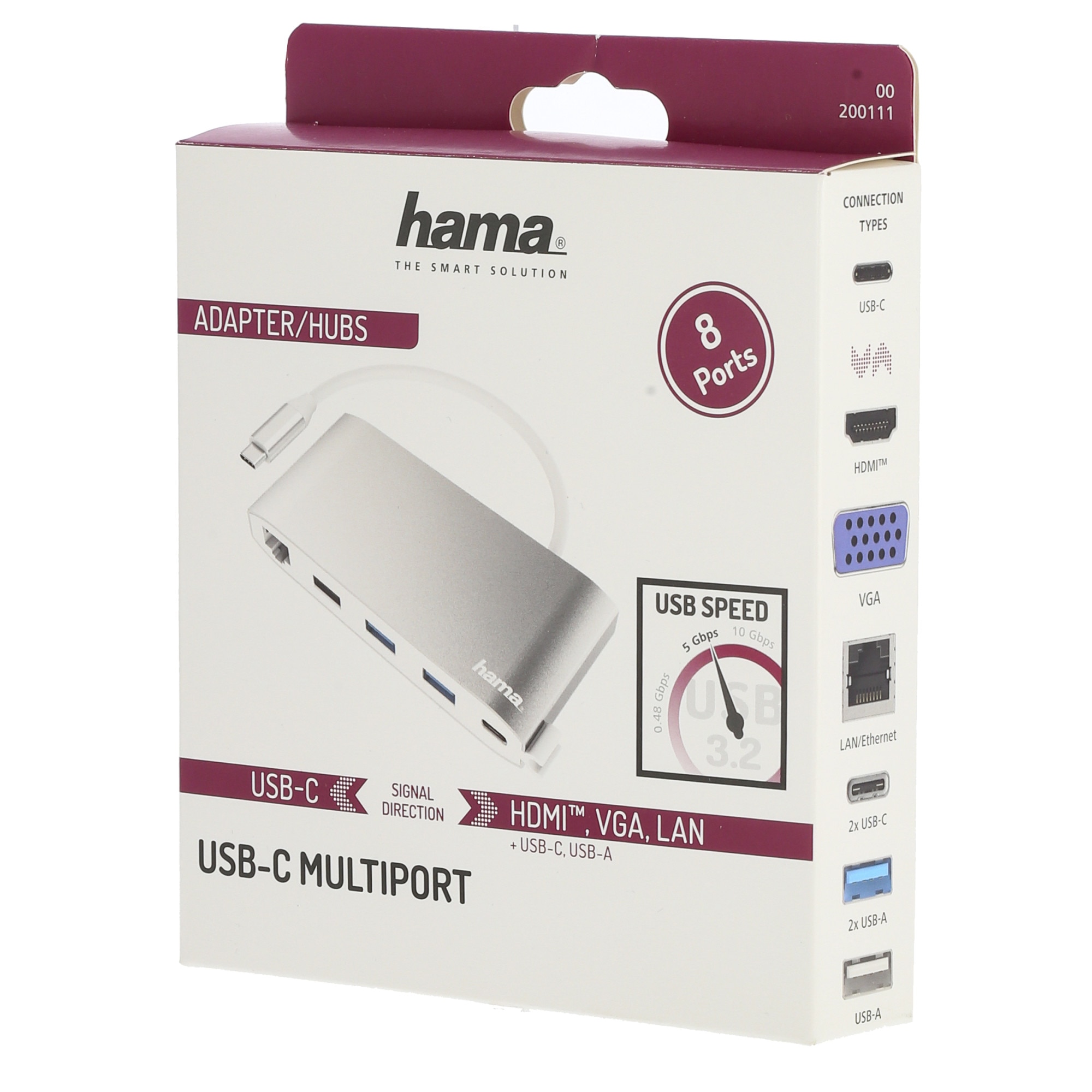 Докинг станция Hama Multiport Adapter, 8 порта, 3 x USB-A, 2 x USB-C ...