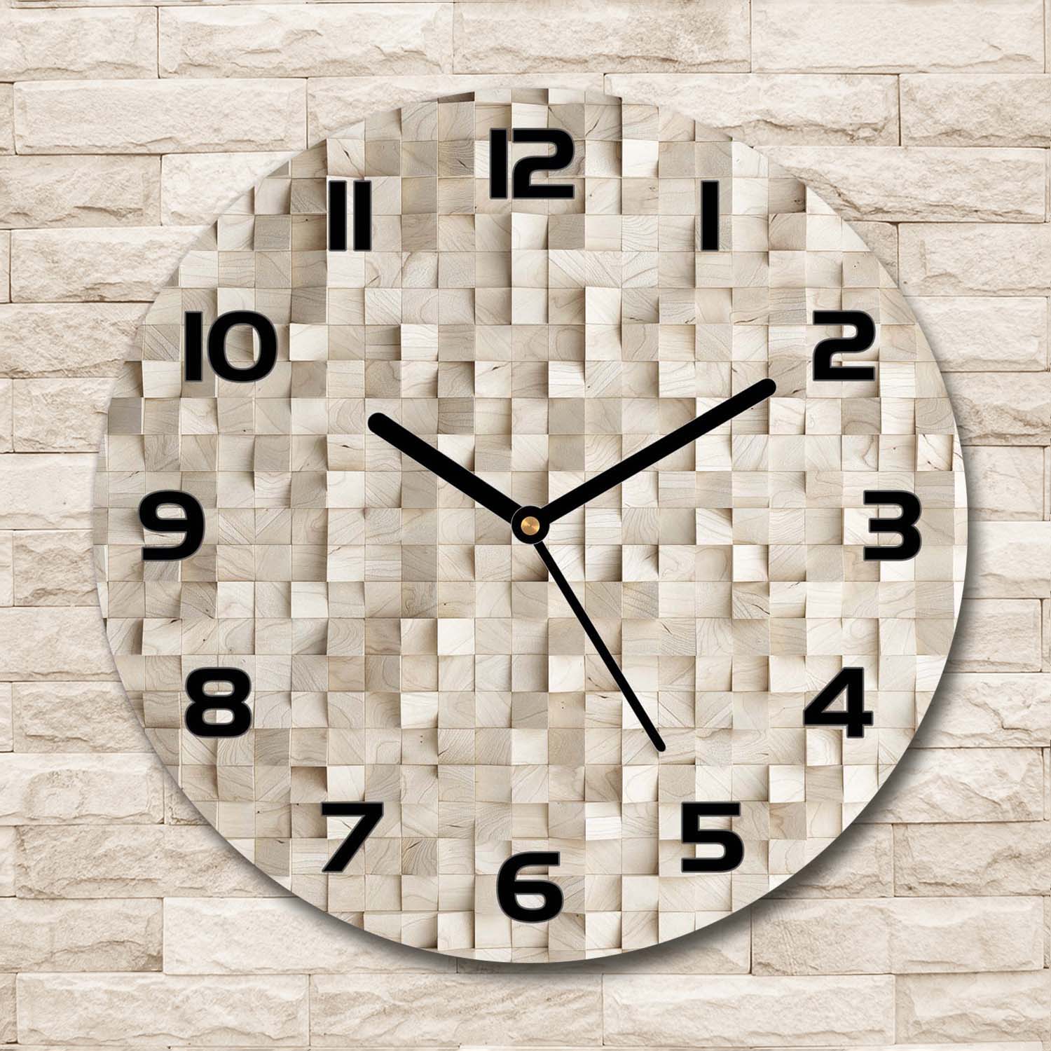 Ceas de perete, de sticla, cub 3d din lemn, Bej, Rotund Ø30 cm ...