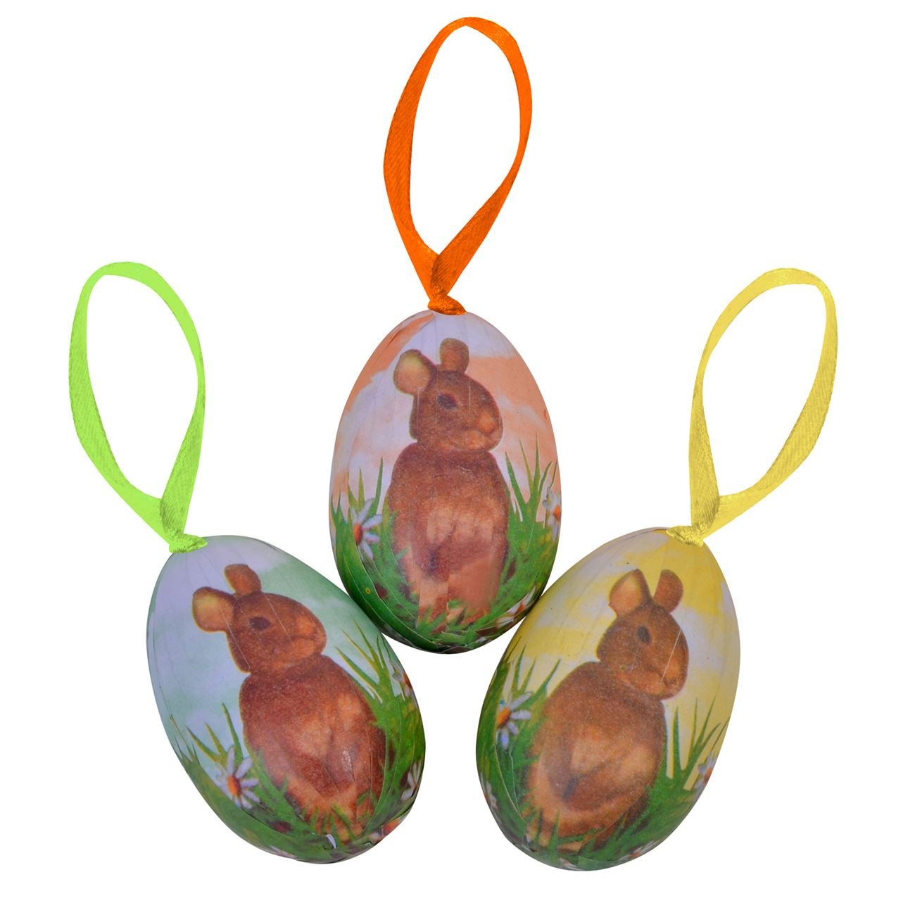 Set 6 oua multicolore cu imprimeu iepurasi de Paste, DecorCasa, 6.5 cm ...