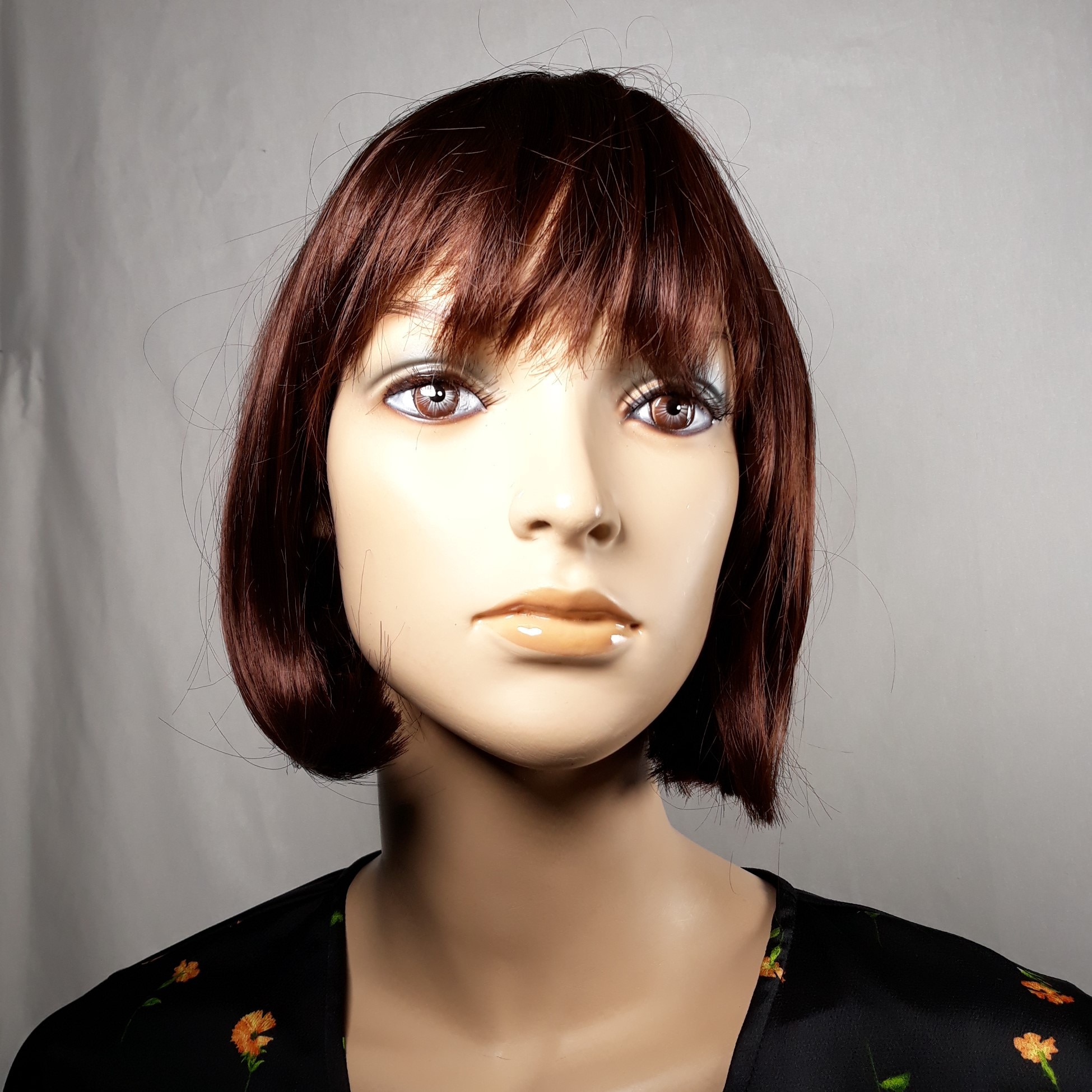 Peruca dama, fibra sintetica, cu aspect natural, roscat inchis, bob ...