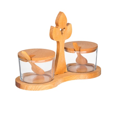 Set 2 recipiente pentru condimente, suport lemn, 2 lingurite - eMAG.ro