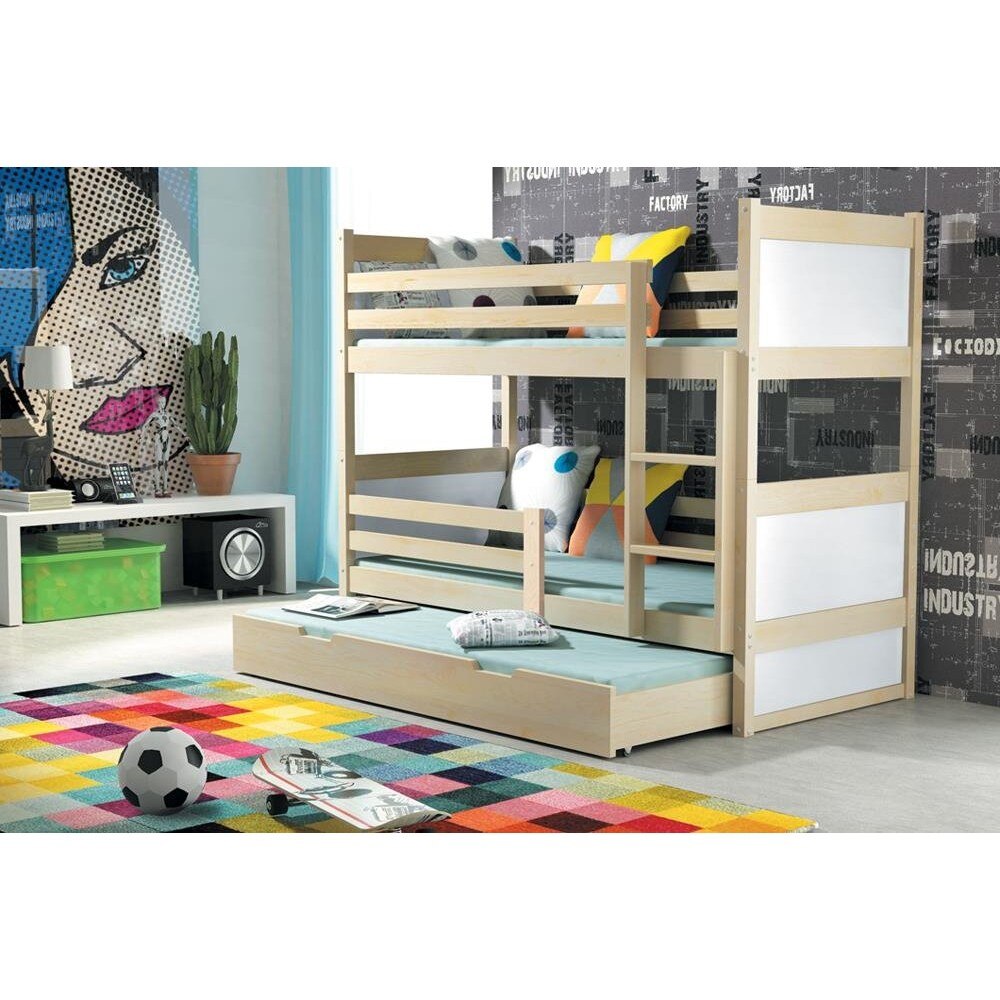 Pat suprapus pentru 3 copii Rico, Pine / Alb, lemn masiv - eMAG.ro