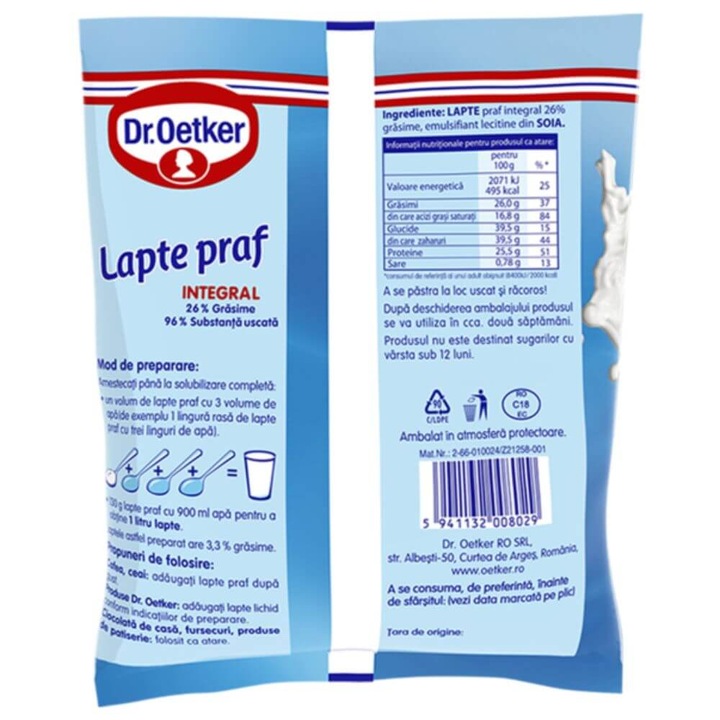 Lapte Praf Integral Dr. Oetker, 26% Grasime, 130 g - eMAG.ro