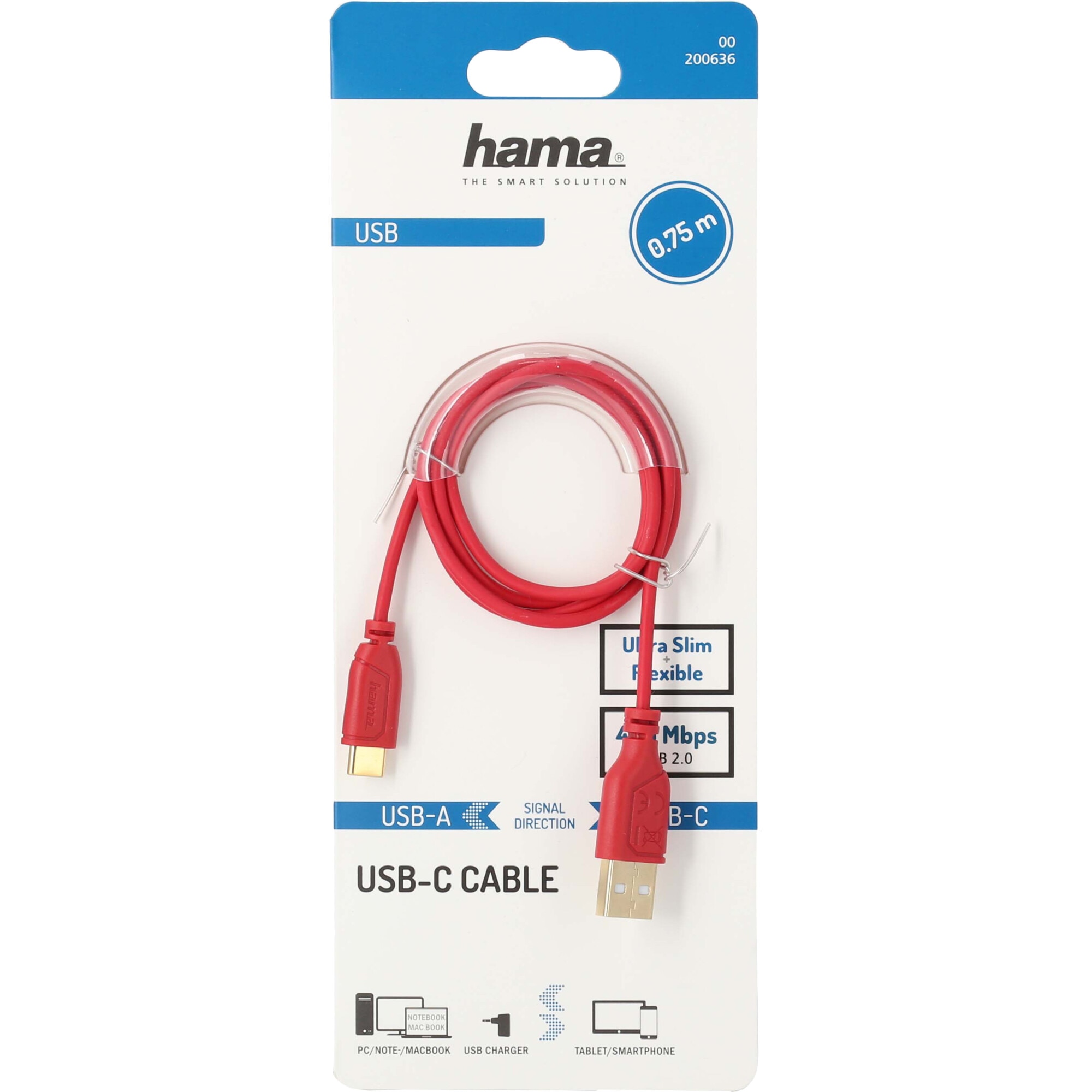 Cablu USB-C Hama Flexi-Slim, USB 2.0, 480 Mbit / s, Chilli Pepper, 0,75 ...