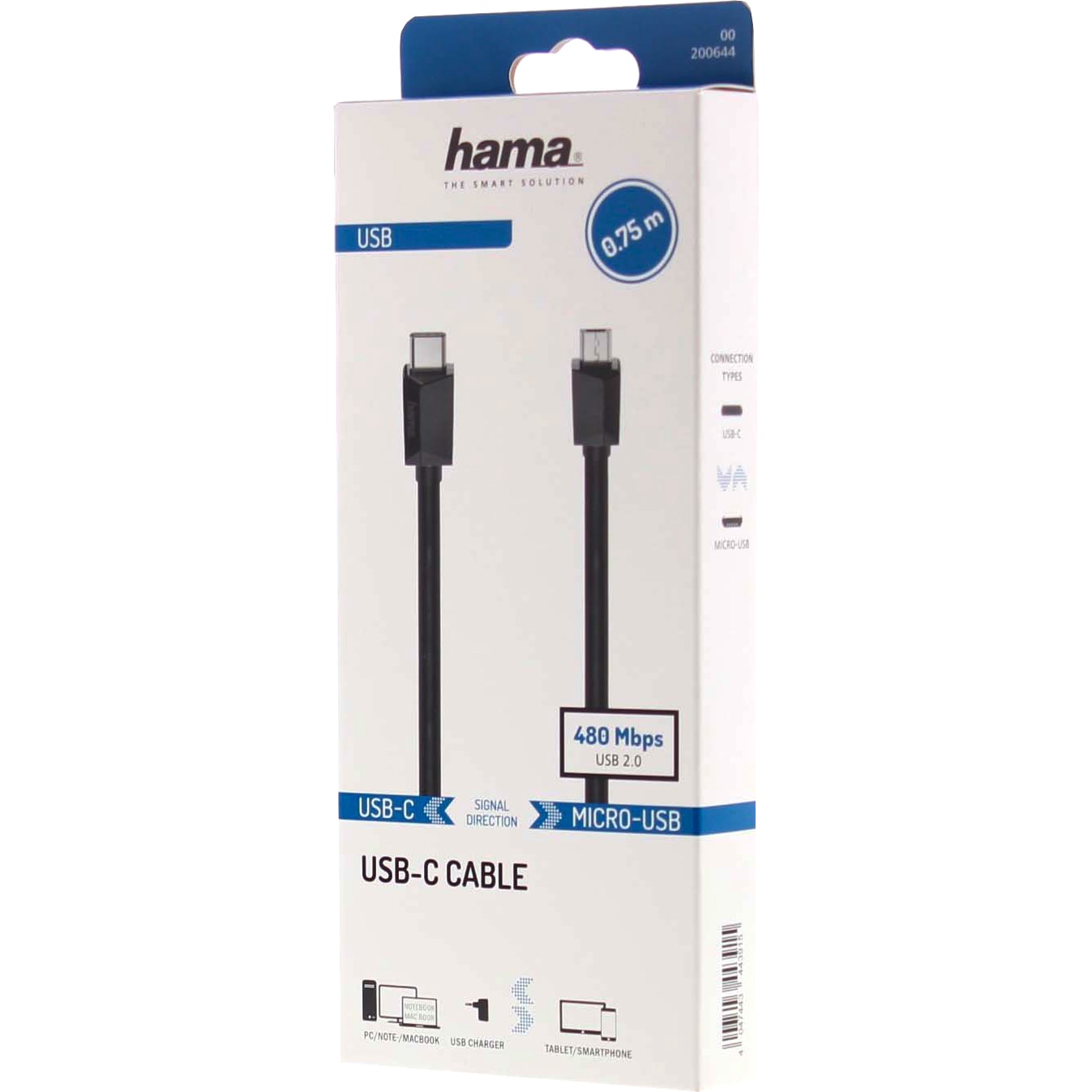 Cablu USB-C Hama USB-C - micro-USB, USB 2.0, 480 Mbit / s, 0,75 m - eMAG.ro