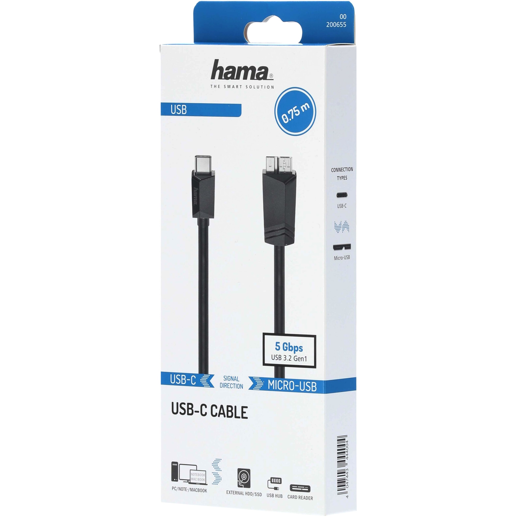 Hama USB-C кабел USB-C - micro-USB, USB 3.2 Gen 1, 5 Gbit/s, 0,75 m ...