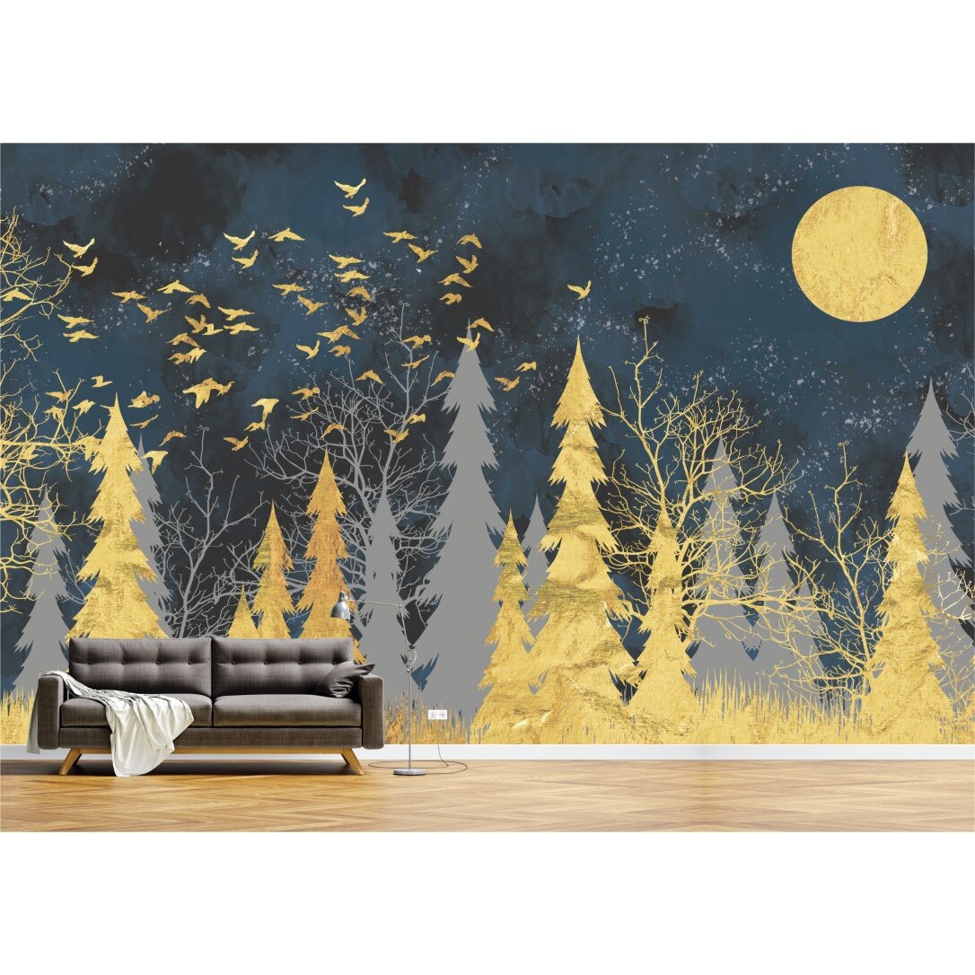PVC matrica tapéta, Absztrakt fenyők és a hold, 240x180 cm - eMAG.hu