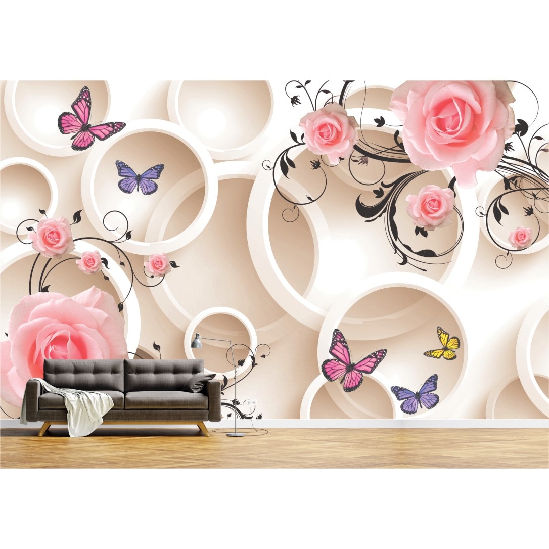 Fototapet Autocolant PVC PVC, Fluturi colorati si flori, 160x240 cm ...