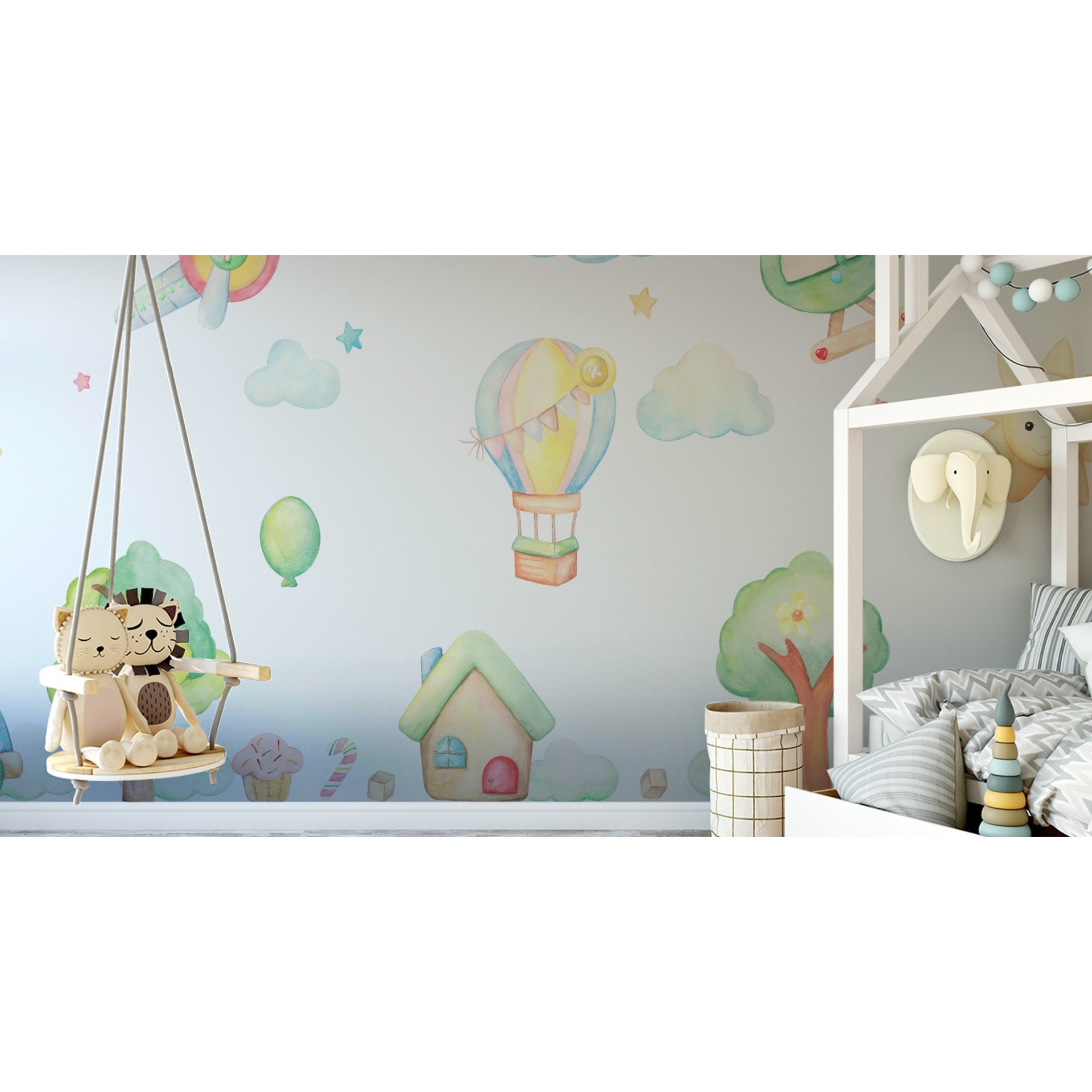 Fototapet copii ORAS acuarela 300cm x 210cm Colorat, Efect 3D, Modern ...