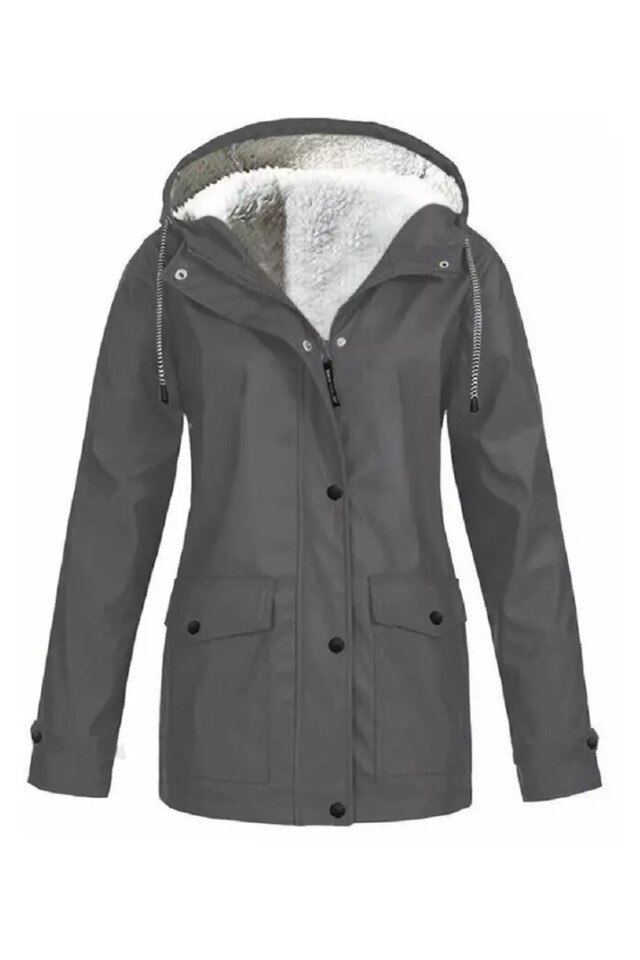 Geaca Dama Impermeabila cu Gluga si Captuseala din Blana Sintetica, Gri ...