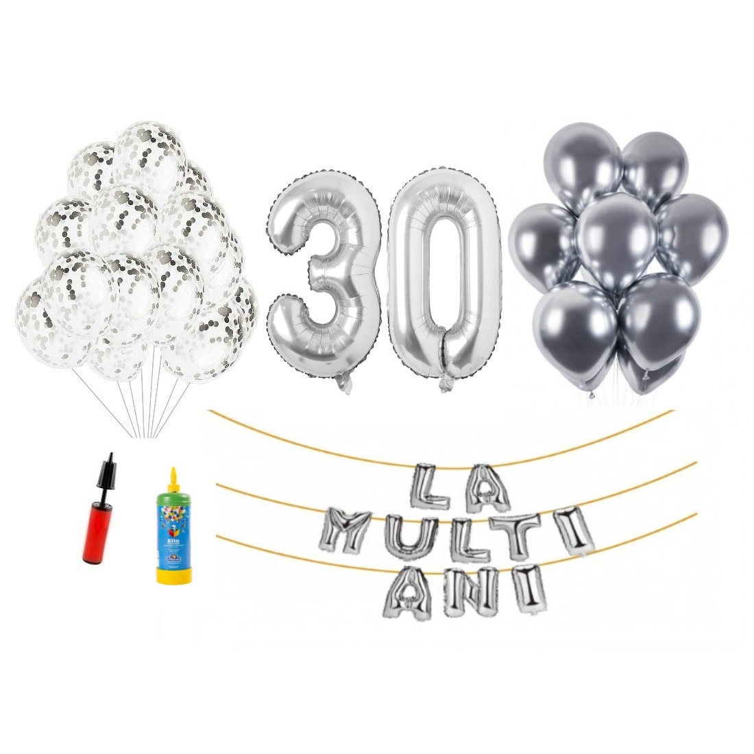Set 34 baloane, La Multi Ani aniversare 30 ani, cifre folie 100 cm ...
