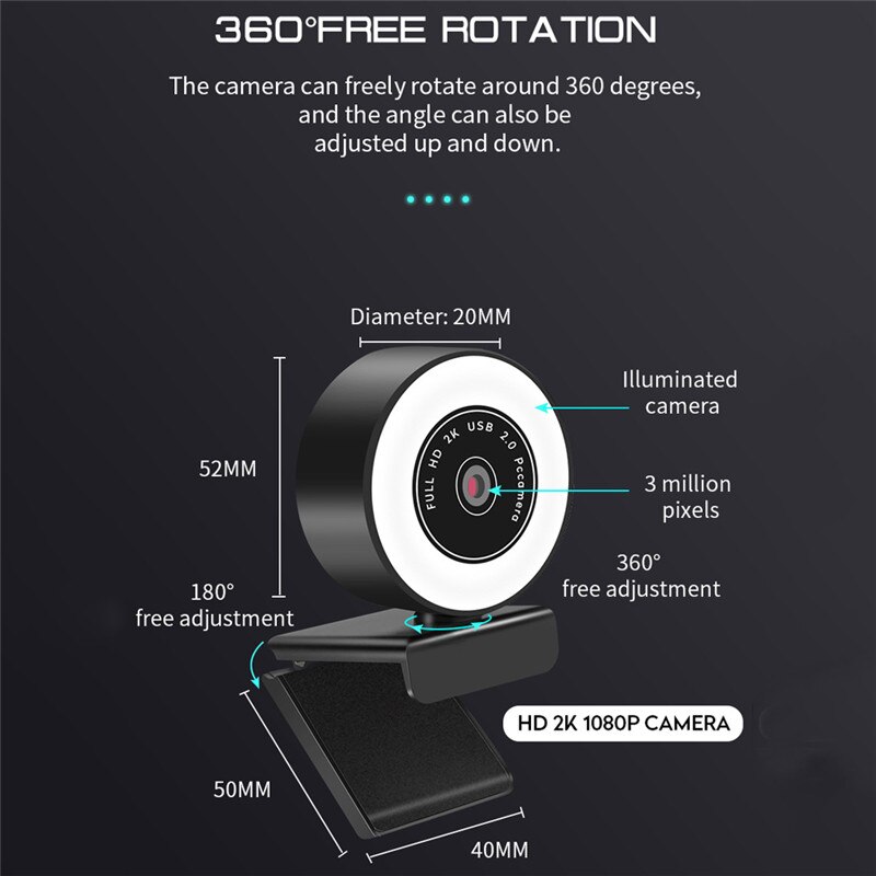 Camera web cu 3 trepte de lumina, 2K FULL HD 1080p, Rotire 360°, Noise ...