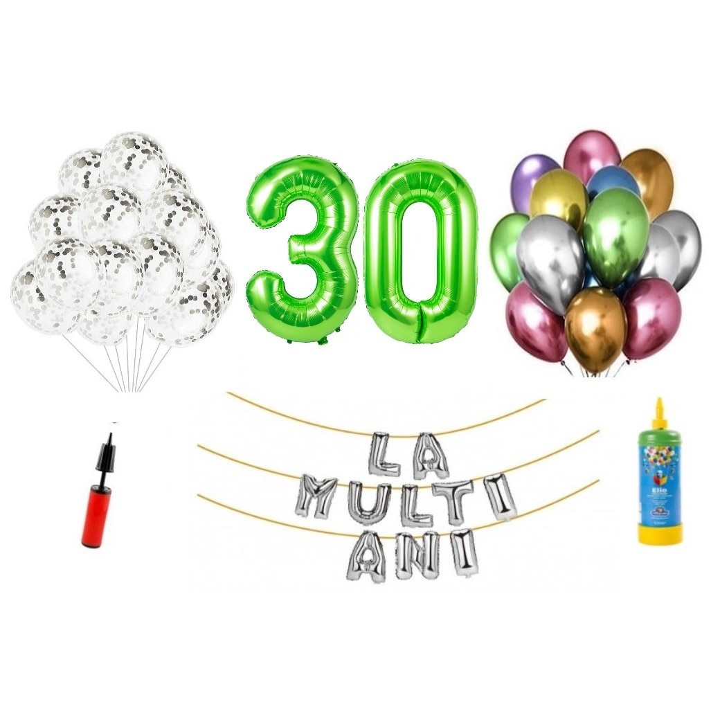 Set 34 baloane WOW, La Multi Ani aniversare 30 ani, cifre folie 1 m ...
