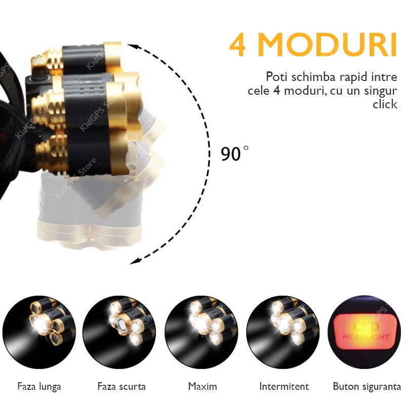 Lanterna de cap LED Techone® GD-HL501, sursa 1 x XML T6 + 4 x COB Ultra-Bright, cu zoom ...