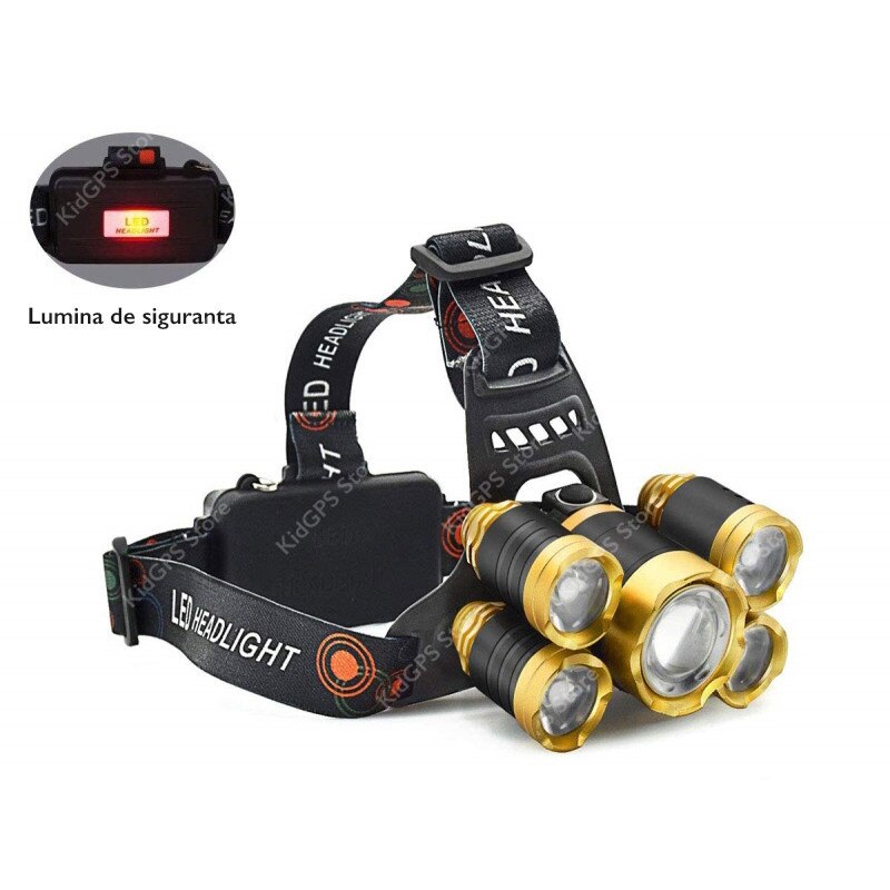 Lanterna de cap LED Techone® GD-HL501, sursa 1 x XML T6 + 4 x COB Ultra-Bright, cu zoom ...