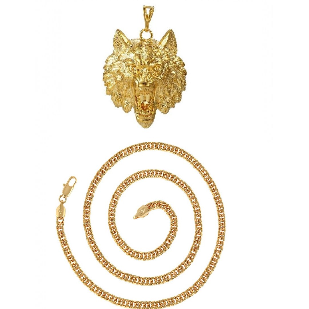 Lant cu pandantiv Cap de Lup,dublu placat Aur 24k,lungime 60 cm - eMAG.ro