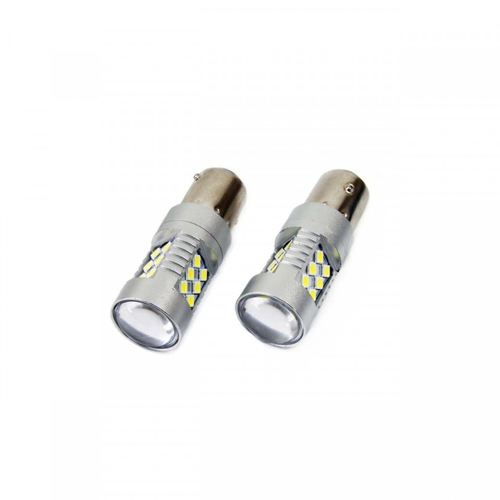 Set becuri auto cu LED CANBUS P21W BA15S 24 SMD 6.2W Alb 12/24V - eMAG.ro