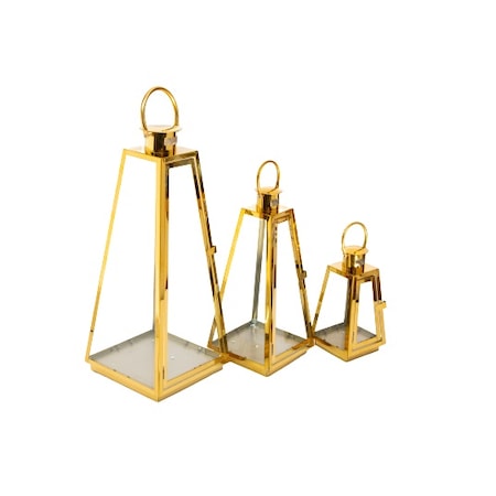 Set 3 felinare metalice cu insertii de sticla in forma de piramide ...