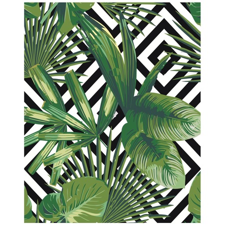 Set pictura pe numere Frunze tropicale v21, panza bumbac pe rama lemn ...