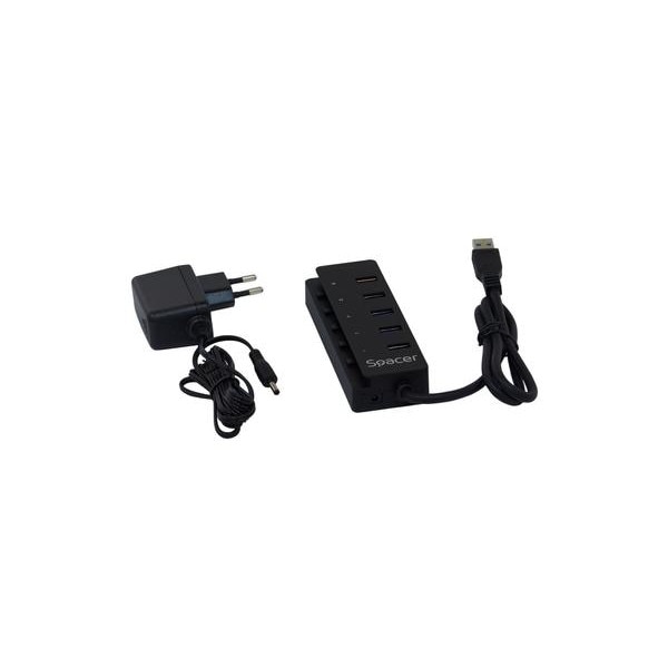 HUB USB SPACER SPH-4USB30-1QC, 4 porturi USB 3.0, Quick Charge, negru ...