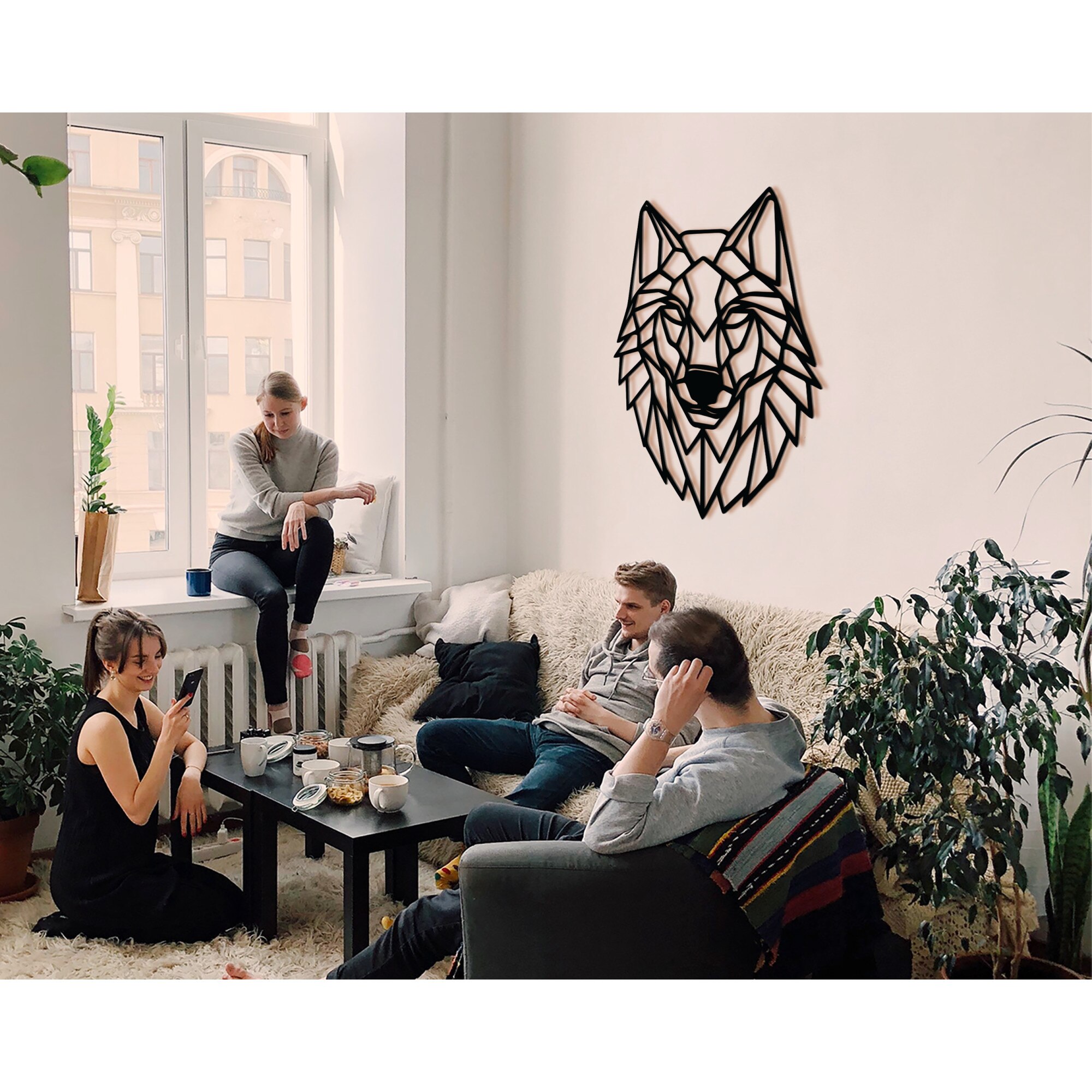 Decoratiune Cap de Lup Geometric Sirius, lemn, 40 cm, negru, grosime ...