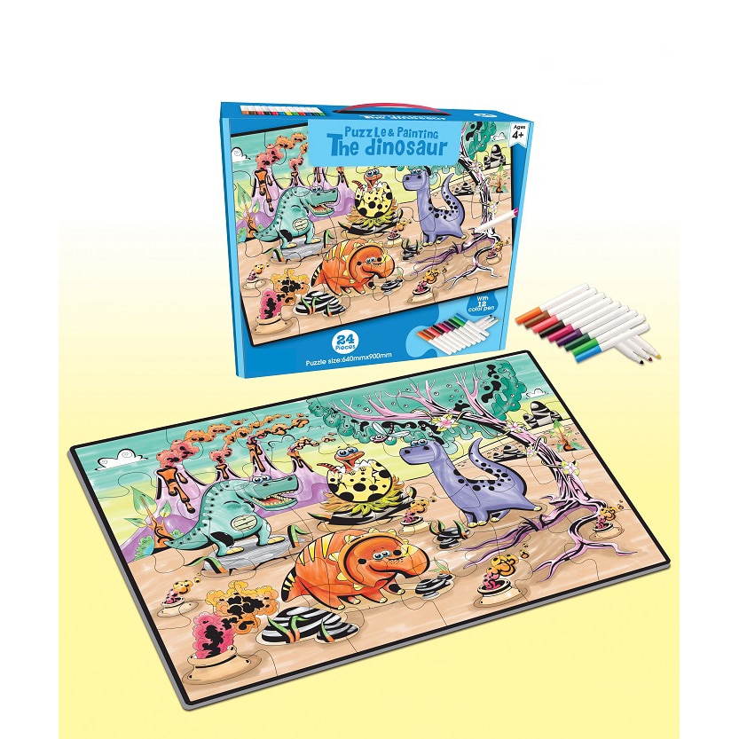 Puzzle de colorat Mappy - Dinozauri, 24 piese, 12 culori incluse - eMAG.ro