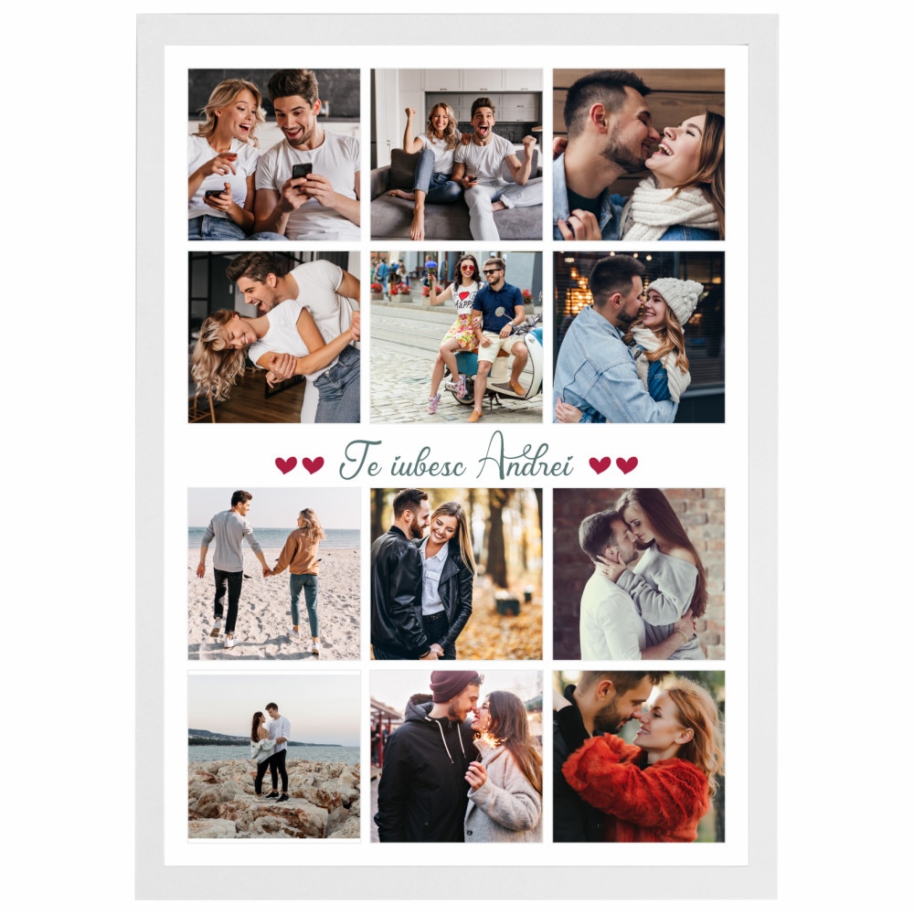 Tablou personalizat cu 12 Poze de Dragoste, Nume, din lemn natural ...