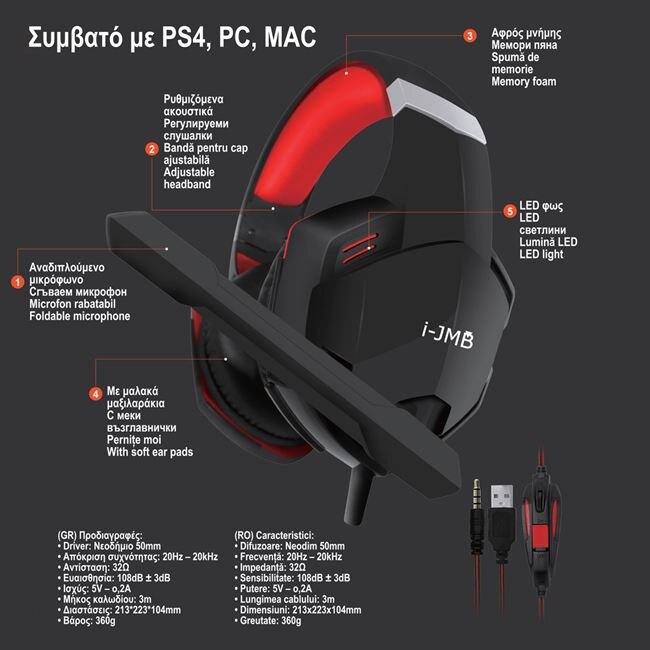 Геймърски слушалки i-JMB, Регулируеми, 3 метра кабел, Мемори пяна ...