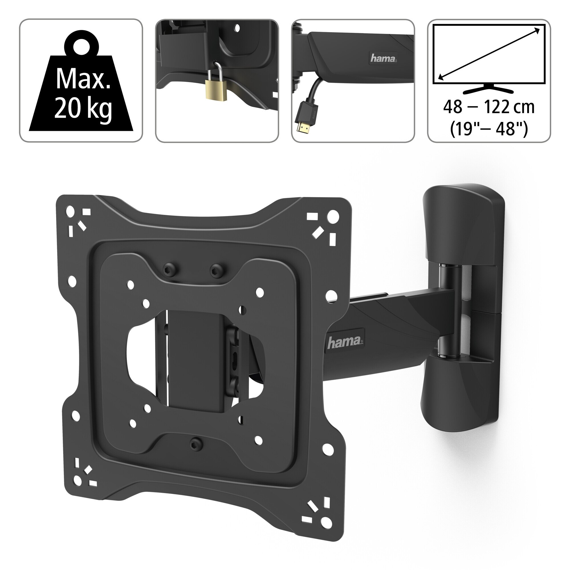 Стенна стойка за TV Hama 118076, Регулируема, 19"-48", Черен - eMAG.bg
