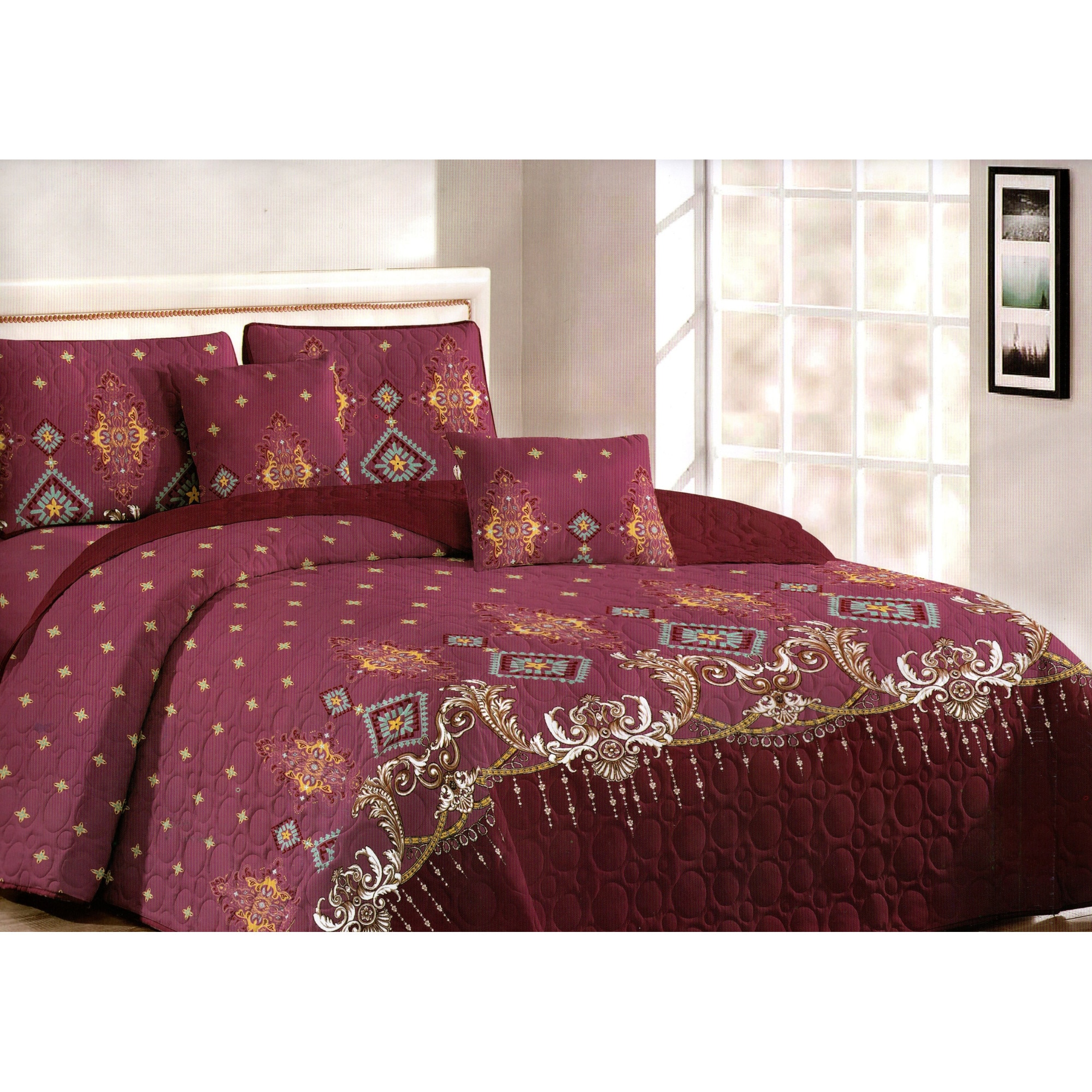 Cuvertura pat pentru 2 persoane, 3 Piese Visiniu, Bej, 1 Cuvertura Si 2 Fete Perna, Material ...