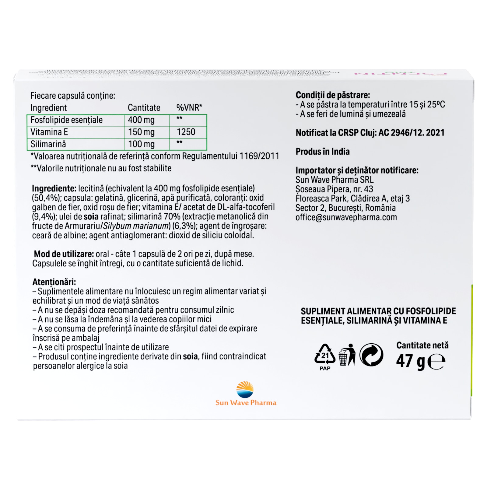 Esentin Trio, Sun Wave Pharma, Fosfolipide esențiale, silimarina pentru ...