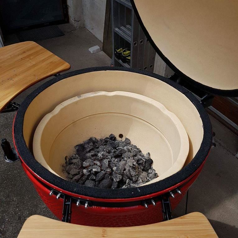 Gratar gradina, grill rotund, ceramic, cu roti, capac, rafturi, 52x105 ...