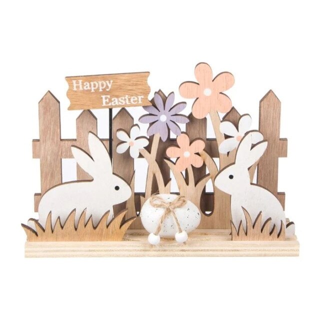 Decoratiune cu mesaj Paste Fericit, doi iepurasi din lemn in gradinita ...