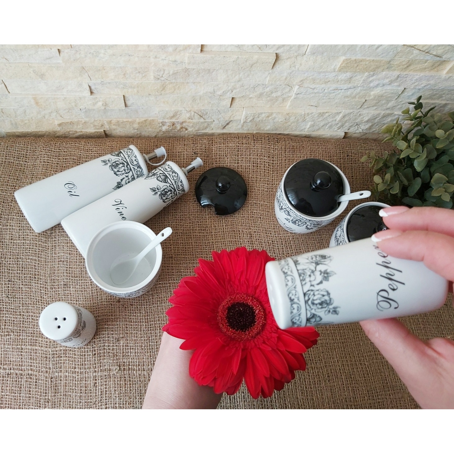 Set condimente, 7 piese ceramica, depozitare pentru condimente, ulei ...