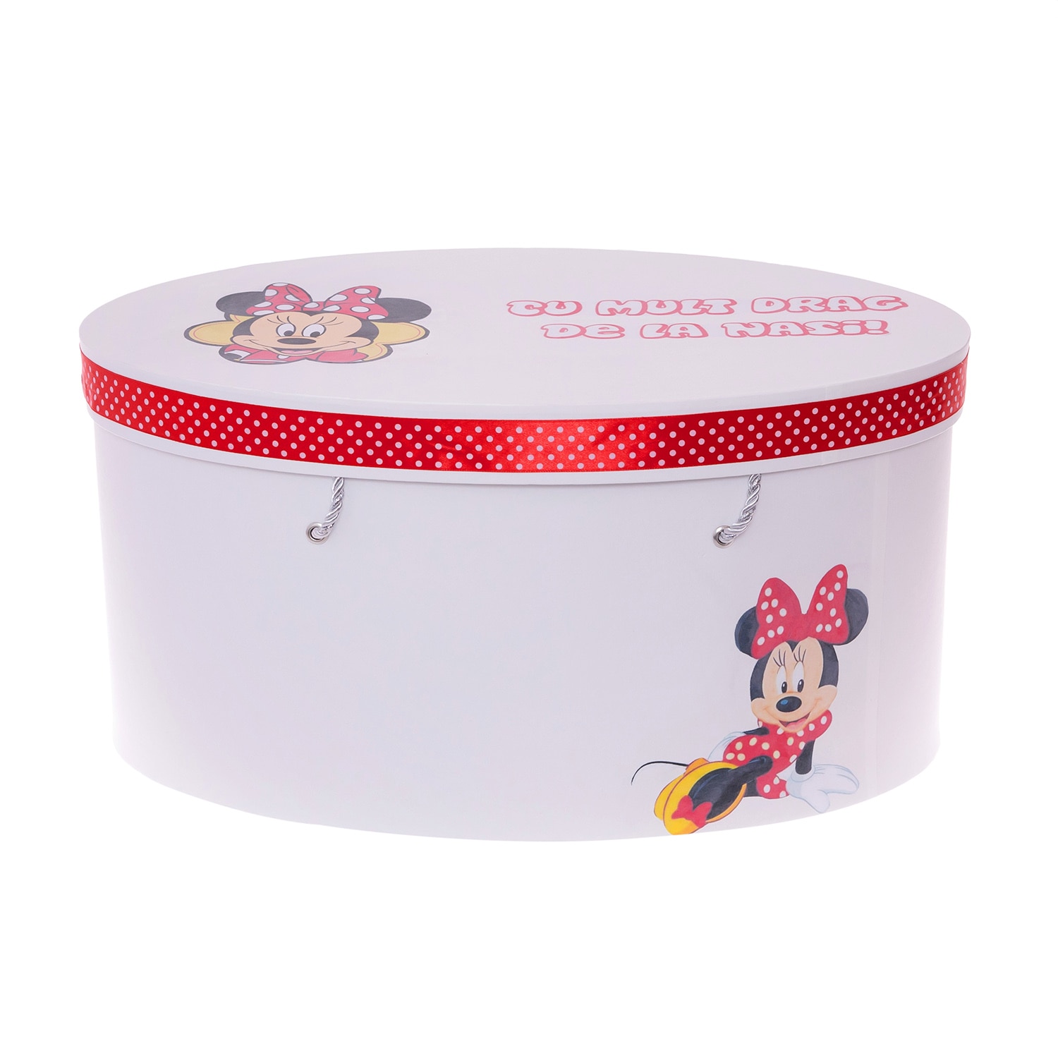 Cufar, cutie trusou botez Happy Minnie, personalizat, culoare alb-rosu ...