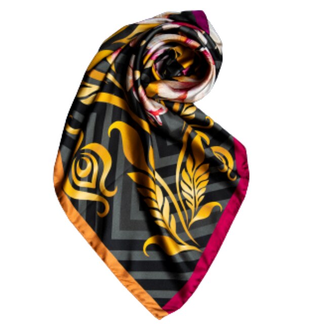 Batic din matase Flower Design, Negru / Rosu, 90 cm x 90 cm - eMAG.ro