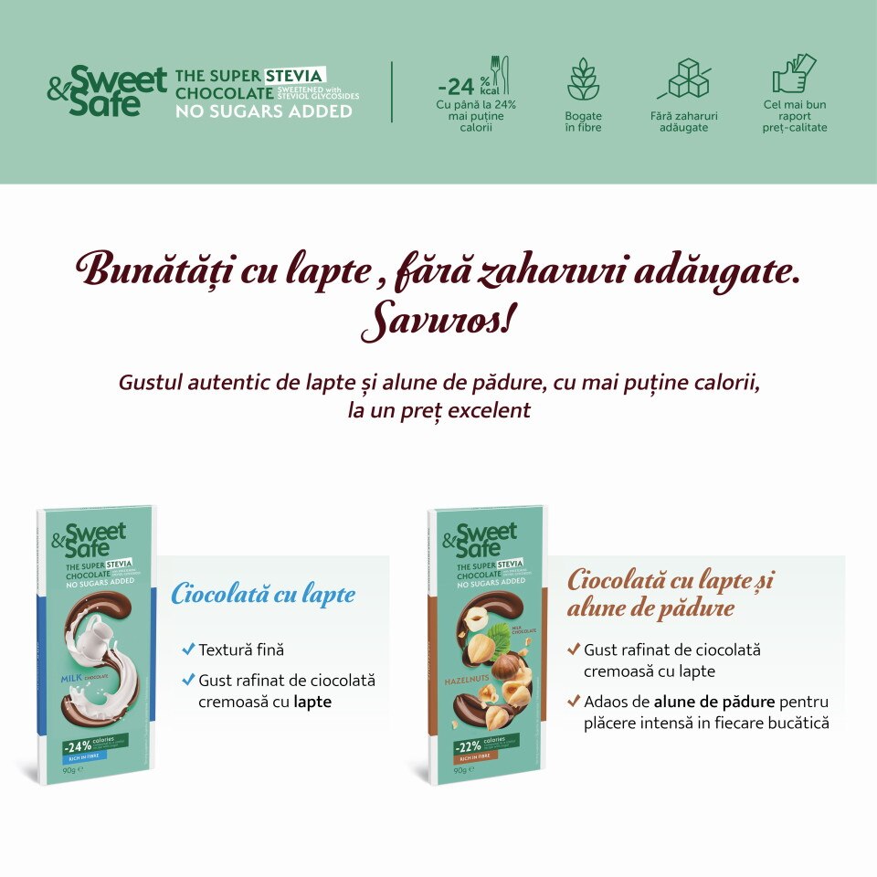 Ciocolata cu lapte fara zaharuri adaugate, Sweet&Safe, cu indulcitor ...