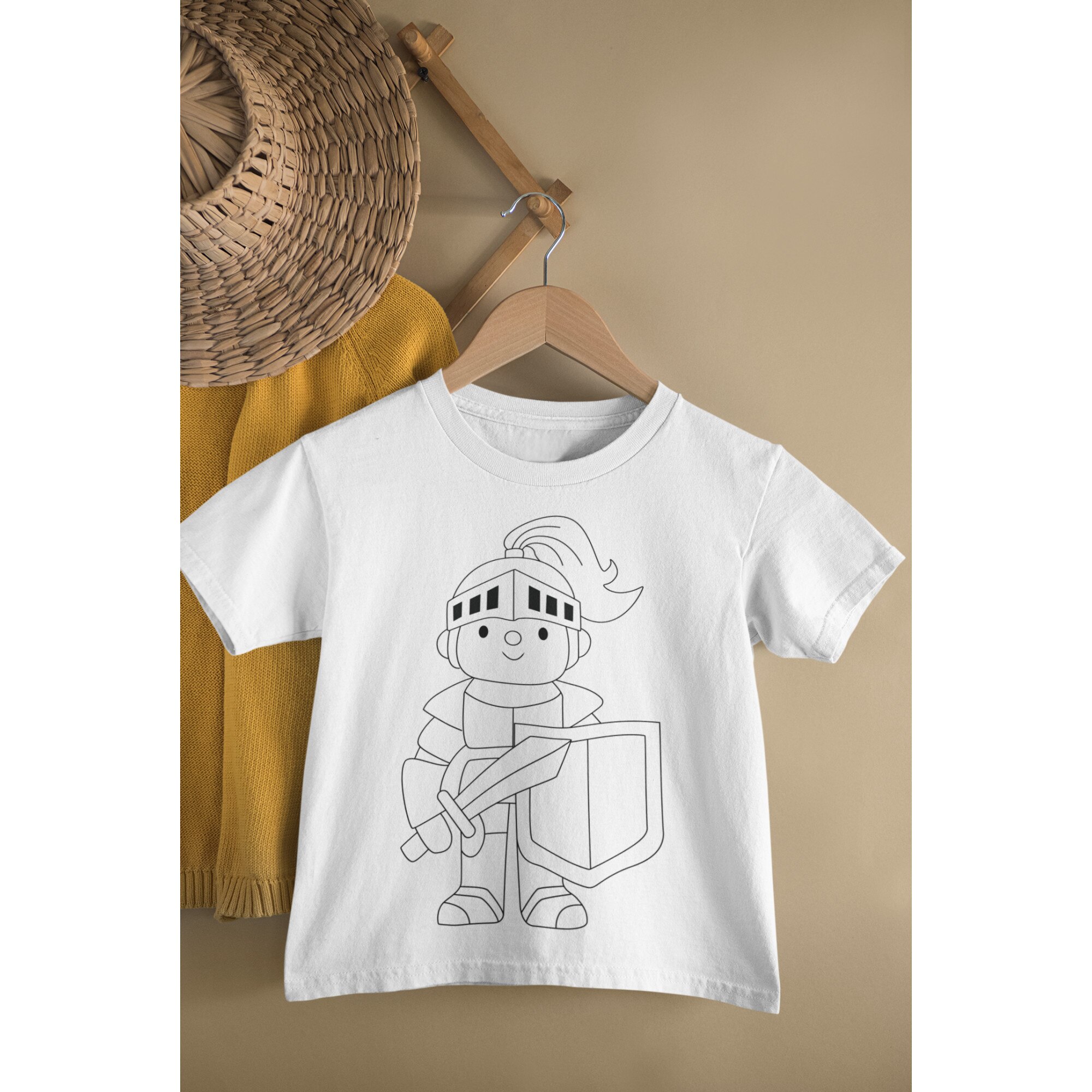 Tricou de colorat pentru copii, model Cavaler, din bumbac 100%, alb ...