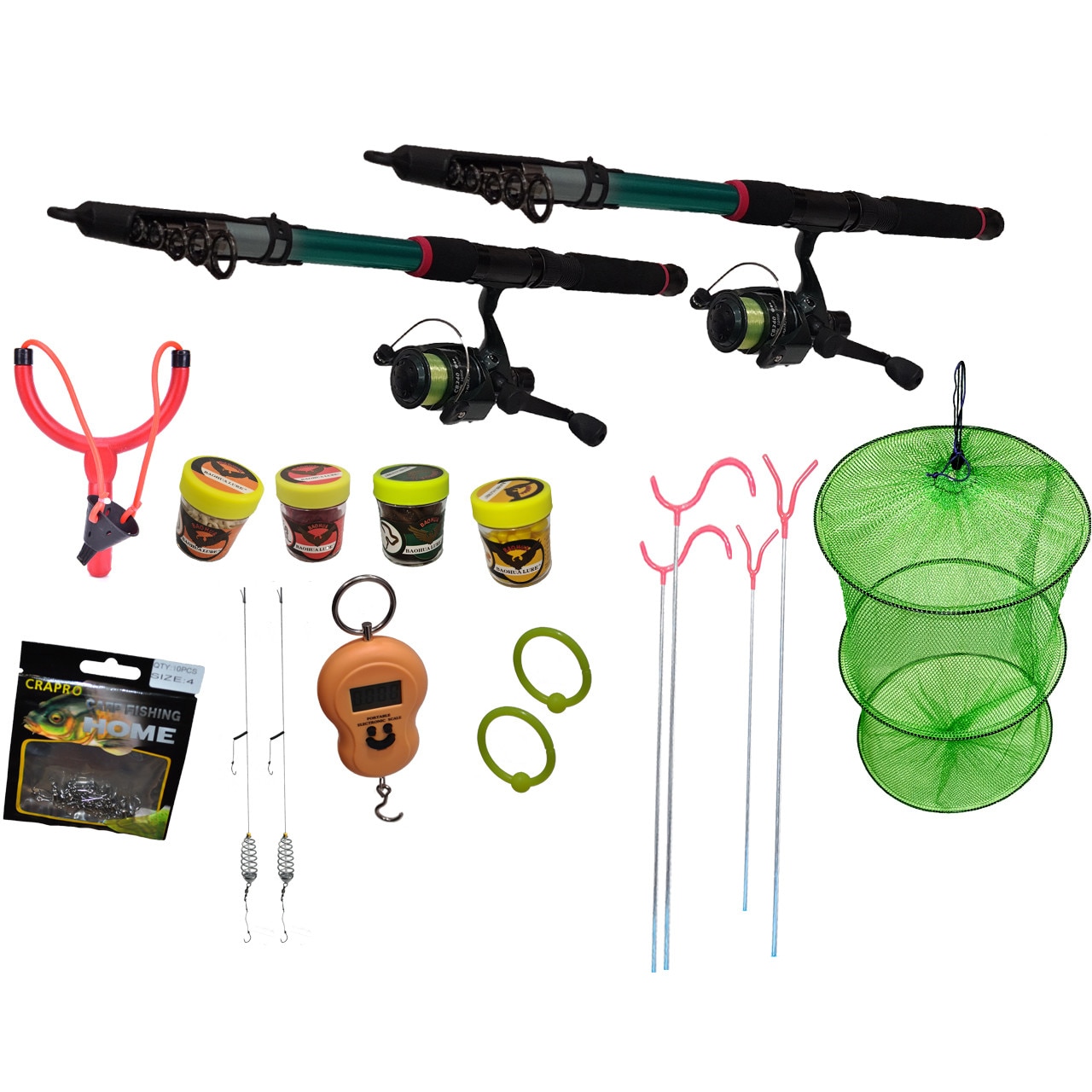 Set cu 2 lansete cu 2 mulinete, 4 tipuri de momeli si accesorii - eMAG.ro