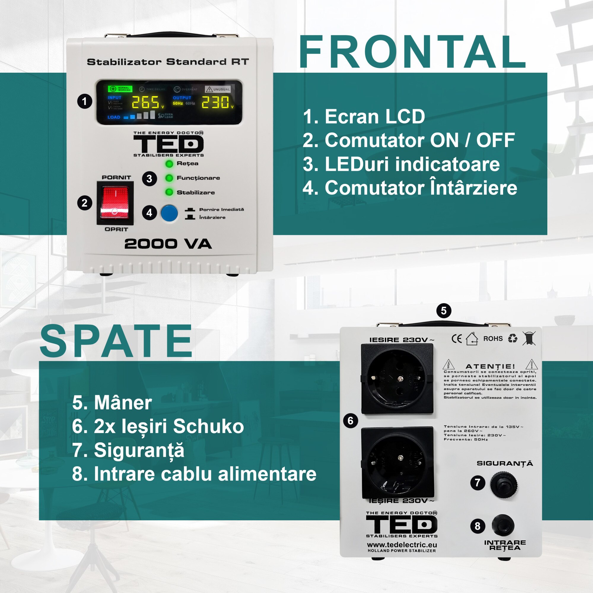 Stabilizator retea automat 2000VA 1200W cu Ecran LCD si Sinusoidala ...