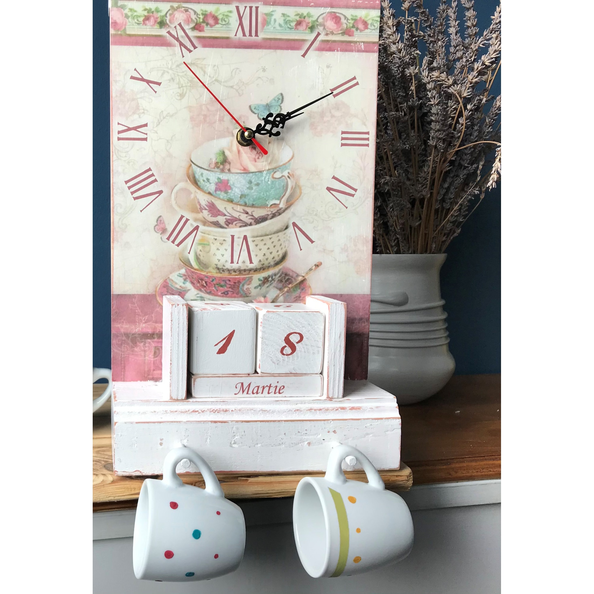 Calendar perpetuu cu ceas si suport cesti, handmade, model Cesti cafea ...