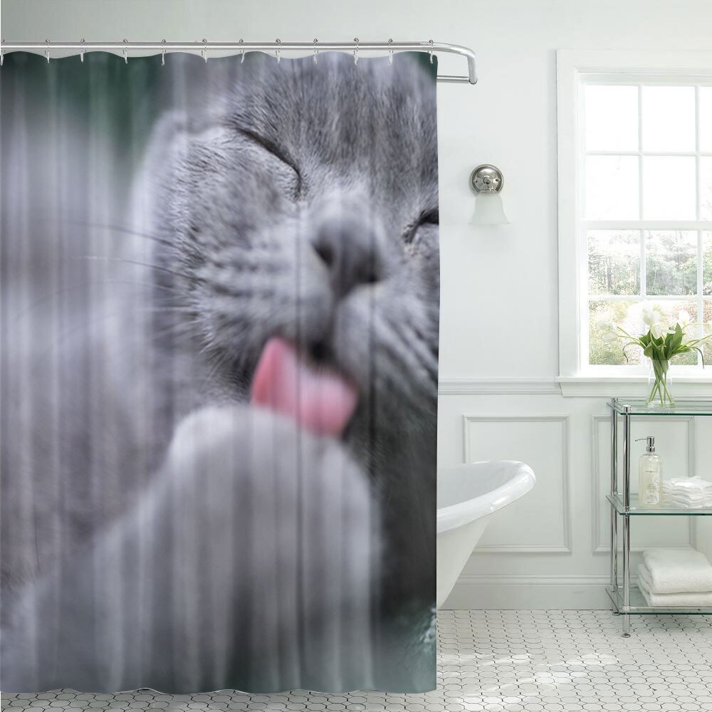 Perdea Dus Cada pentru Baie Art Factory, Pisica gri care se spala, 150 ...